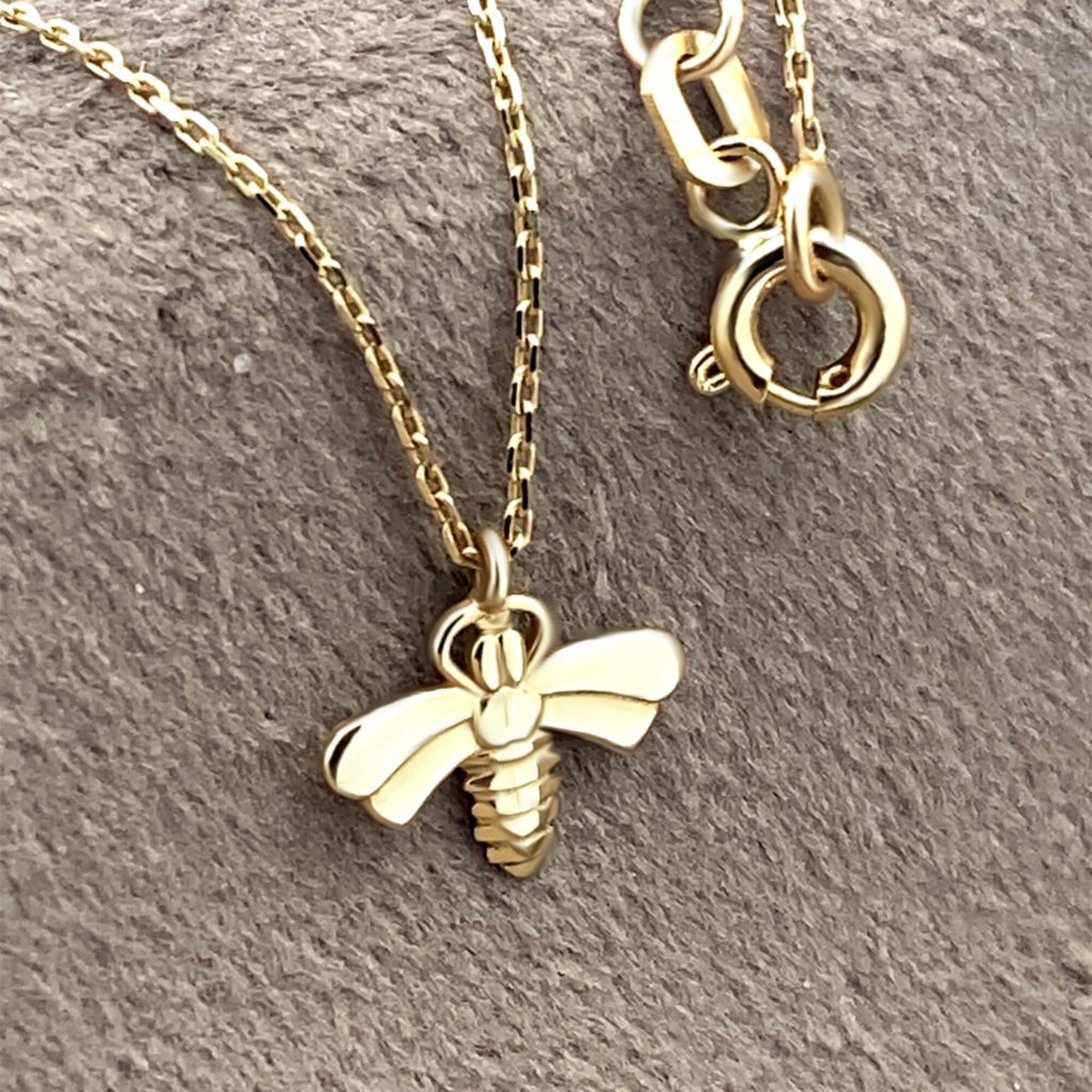 14K Solid Gold Bee Necklace Dainty Honey Bee Pendant Necklace Gift for ...