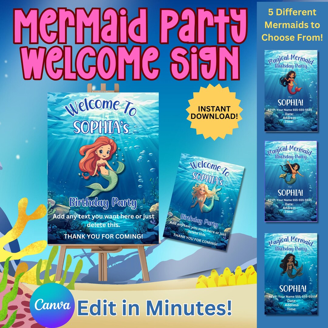 Mermaid Party Welcome Sign Downloadable, Under the Sea Birthday Party ...