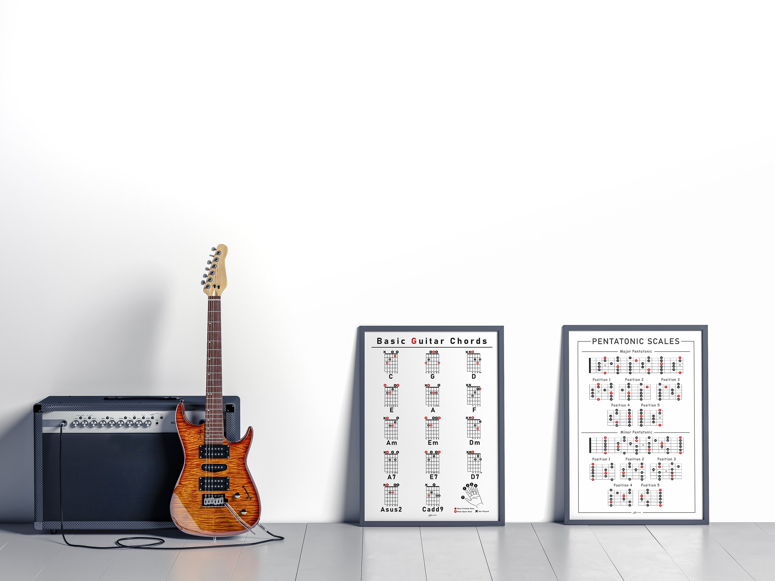 Guitar Theory Poster Set of 2, Guitar Chords and Pentatonic Scales ...