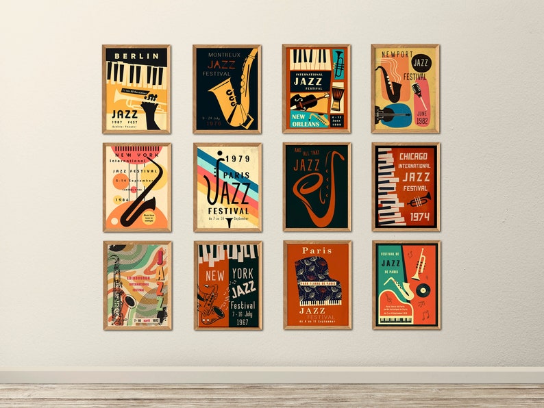 Jazz Festival Poster Bundle, Jazz Posters Set of 12, Vintage Music Prints, Retro Colors Jazz ...