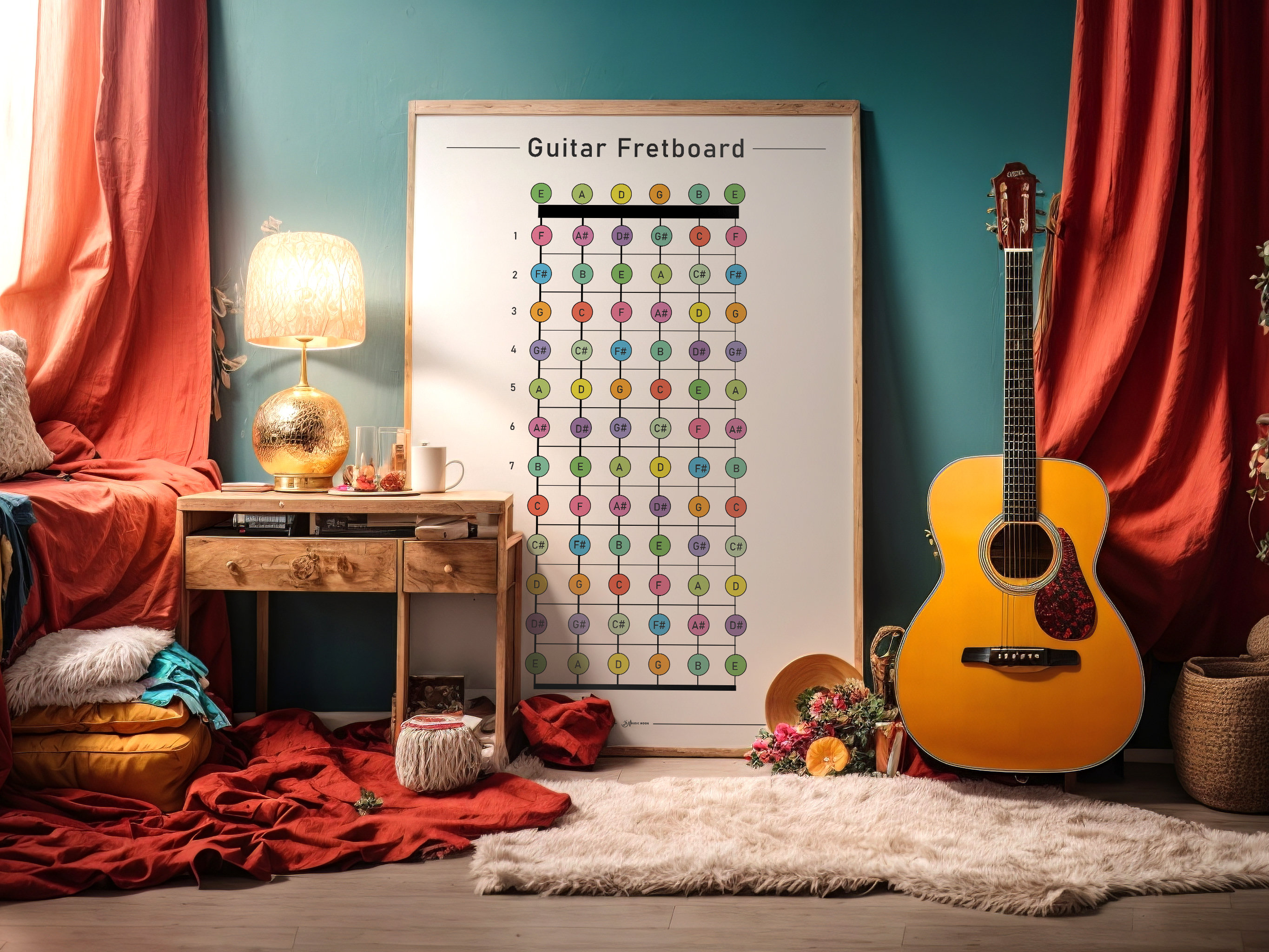 Guitar Fretboard Poster, Fretboard Notes Chart, Large Guitar Education ...