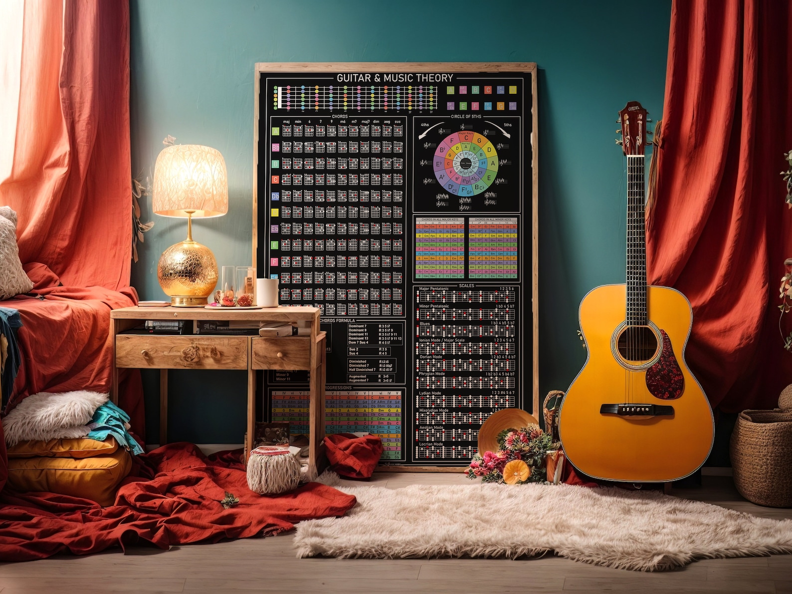 Guitar Cheat Sheet, Black Guitar Theory Poster, Black Background, Chords, Circle of Fifths ...