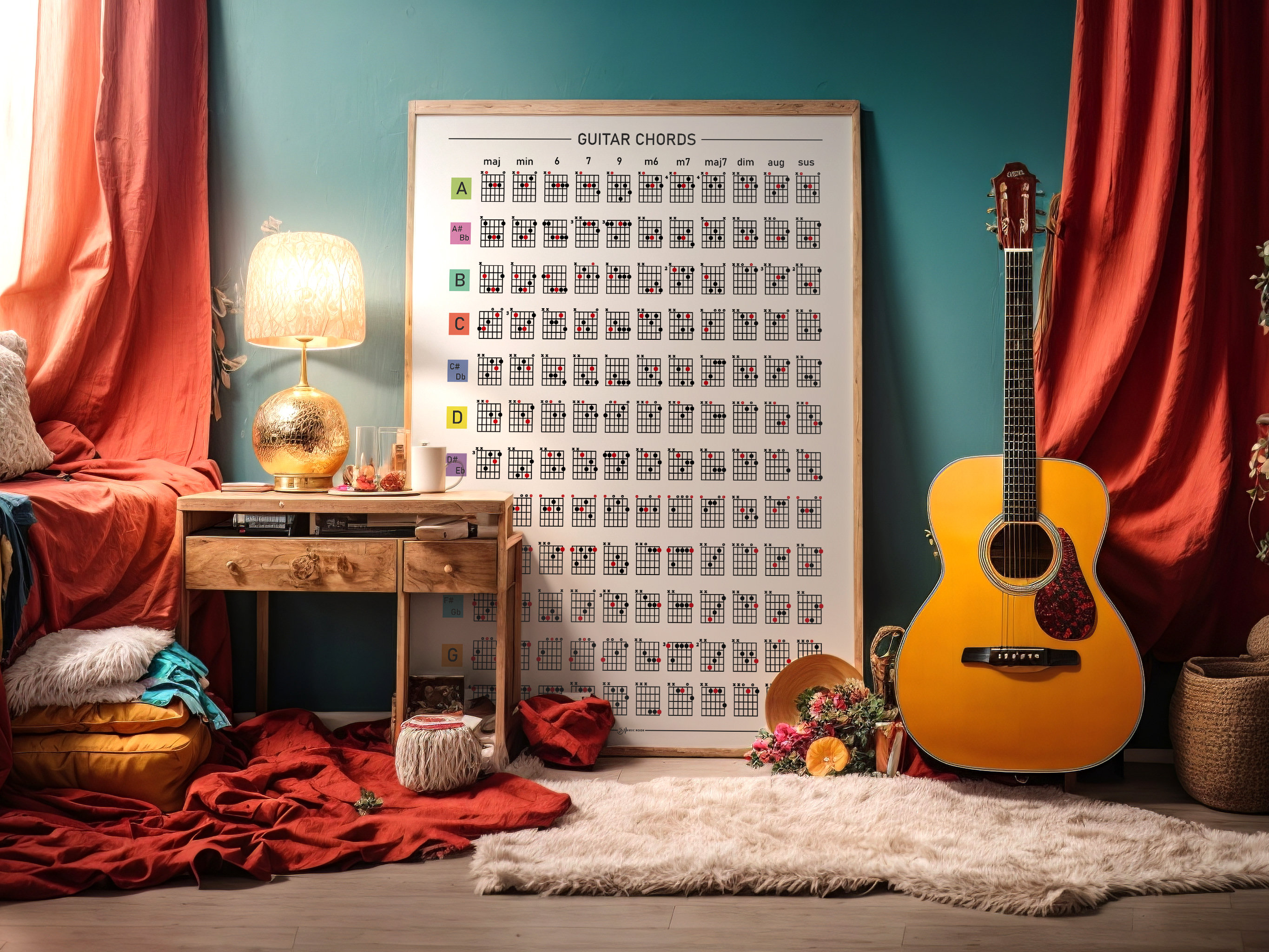 Guitar Chords Poster, Chord Reference Chart, Large Music Education ...