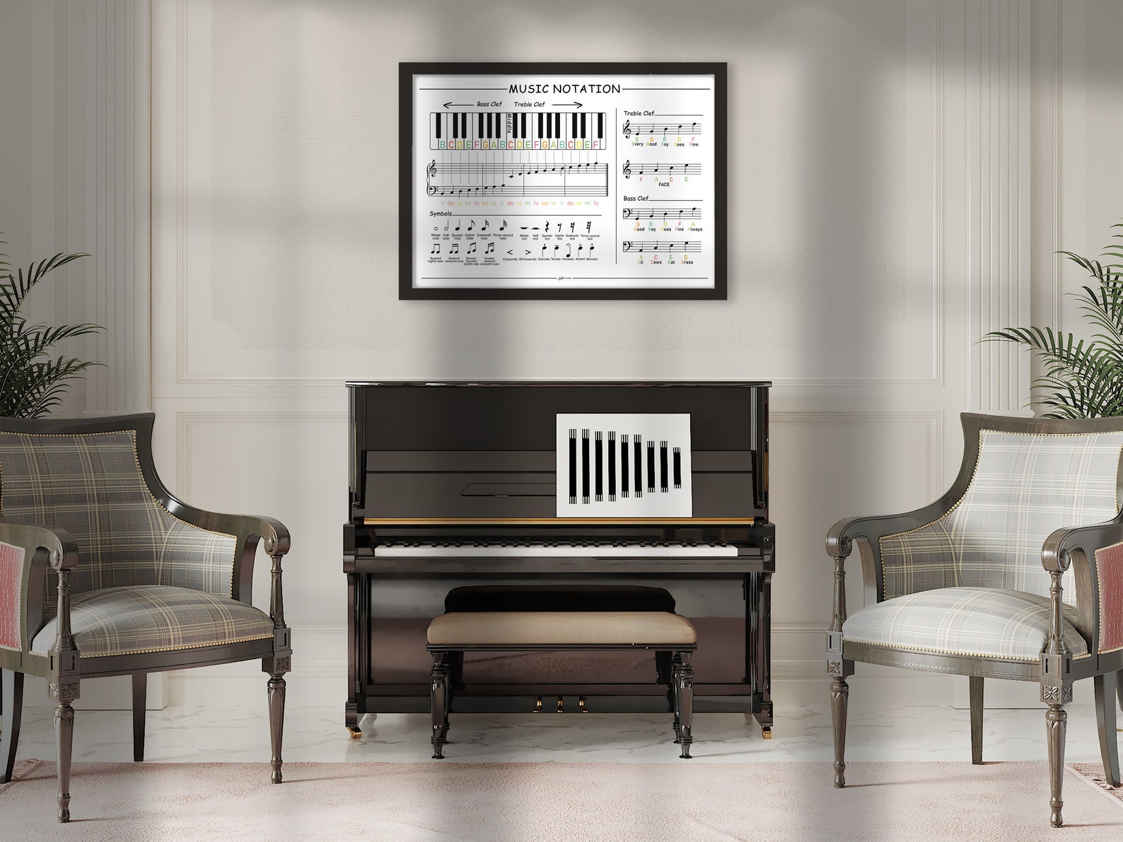 Beginner Piano Theory Poster, Notes on the Staff Print, Piano Keys and ...