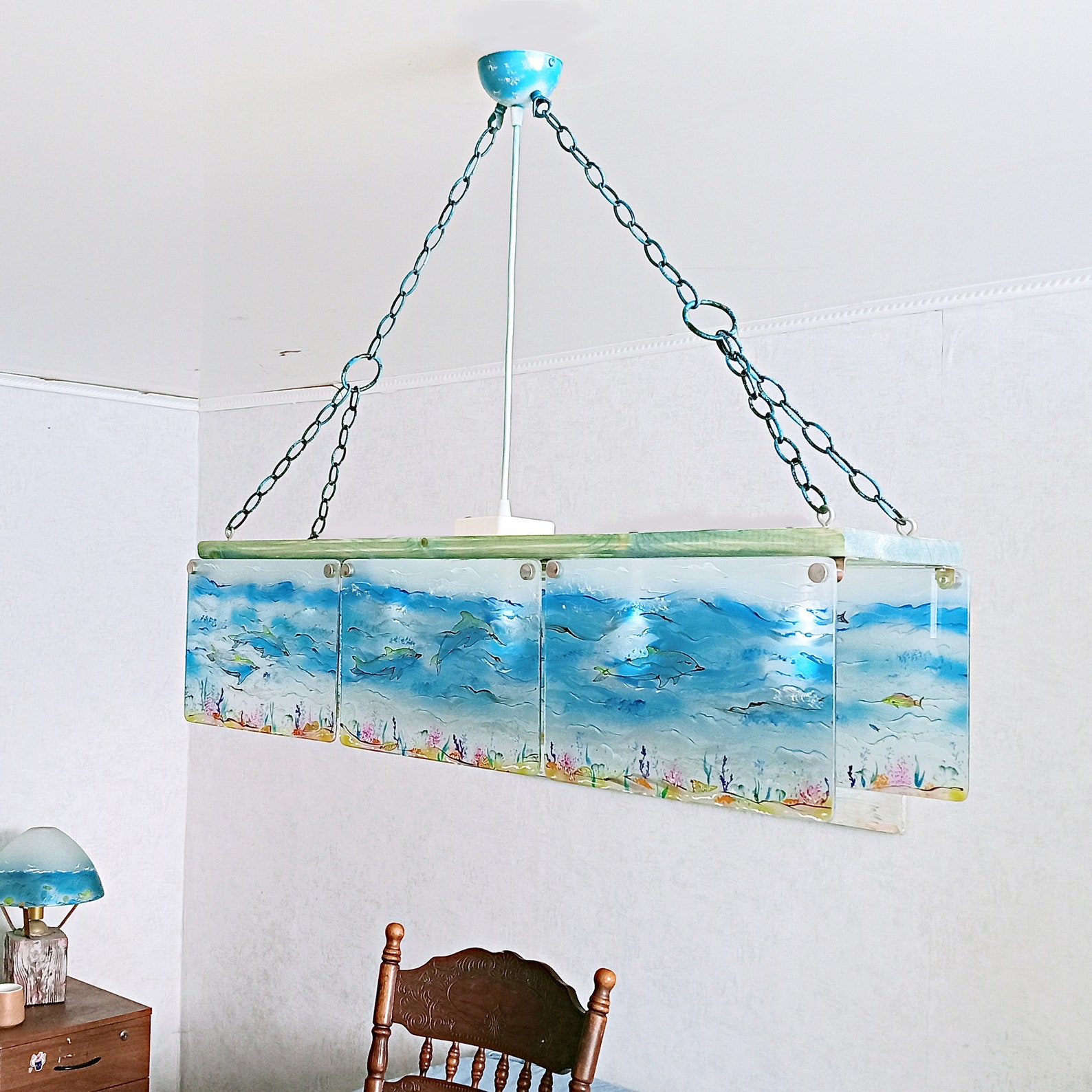Beach House Chandelier Stained Glass Light Chandelier Over Kitchen ...