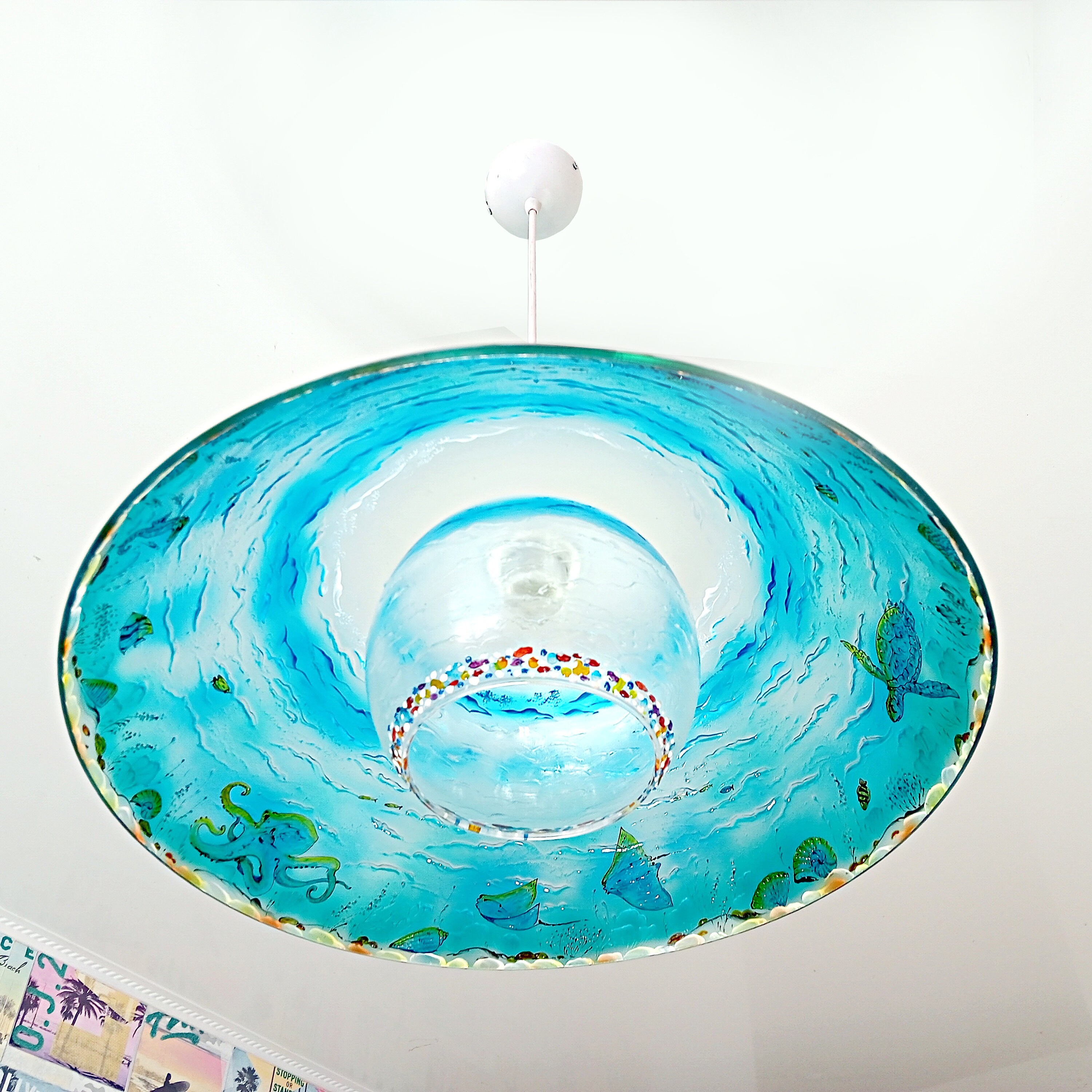 Pendant Light Tropical Style Fixture Stained Glass Hand Painted Beach ...