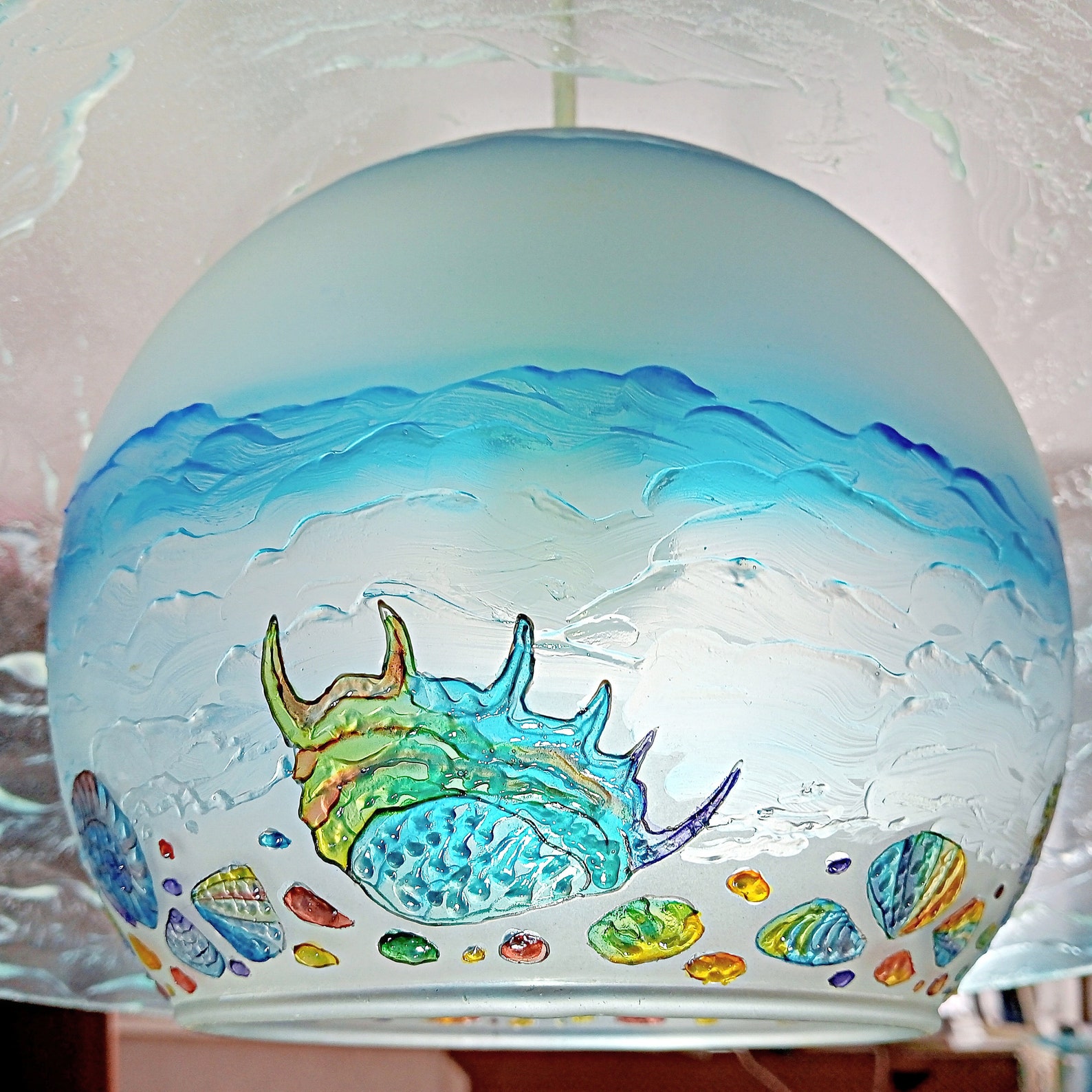 Pendant Light Tropical Style Fixture Stained Glass Hand Painted Beach ...