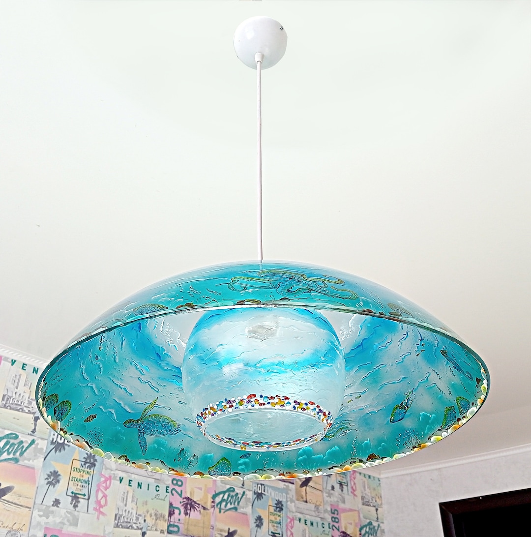 Pendant Light Tropical Style Fixture Stained Glass Hand Painted Beach ...