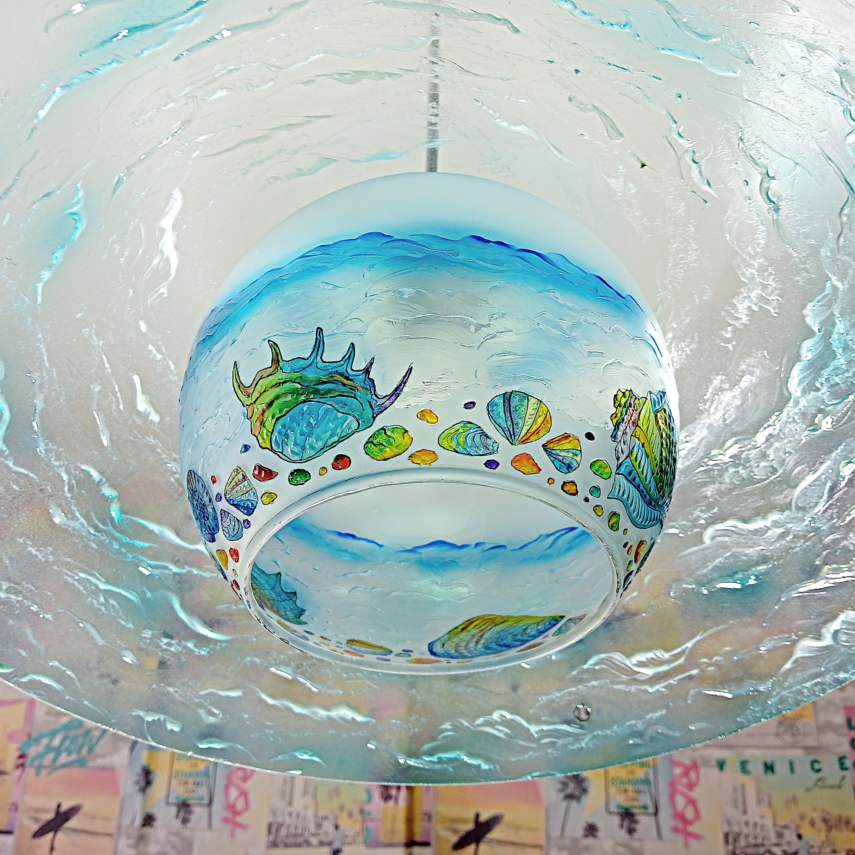 Pendant Light Tropical Style Fixture Stained Glass Hand Painted Beach ...
