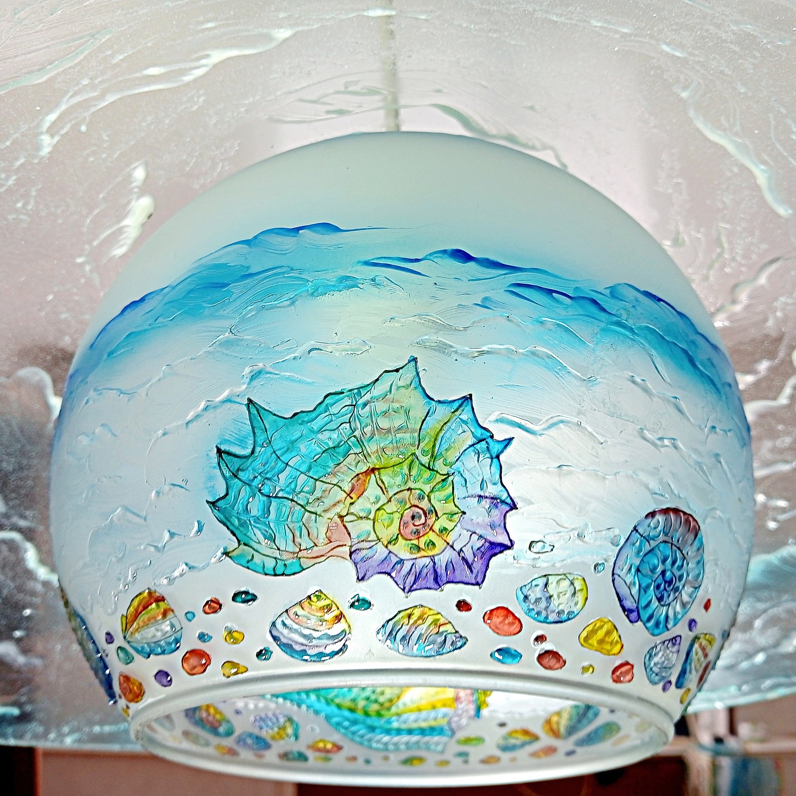 Pendant Light Tropical Style Fixture Stained Glass Hand Painted Beach ...