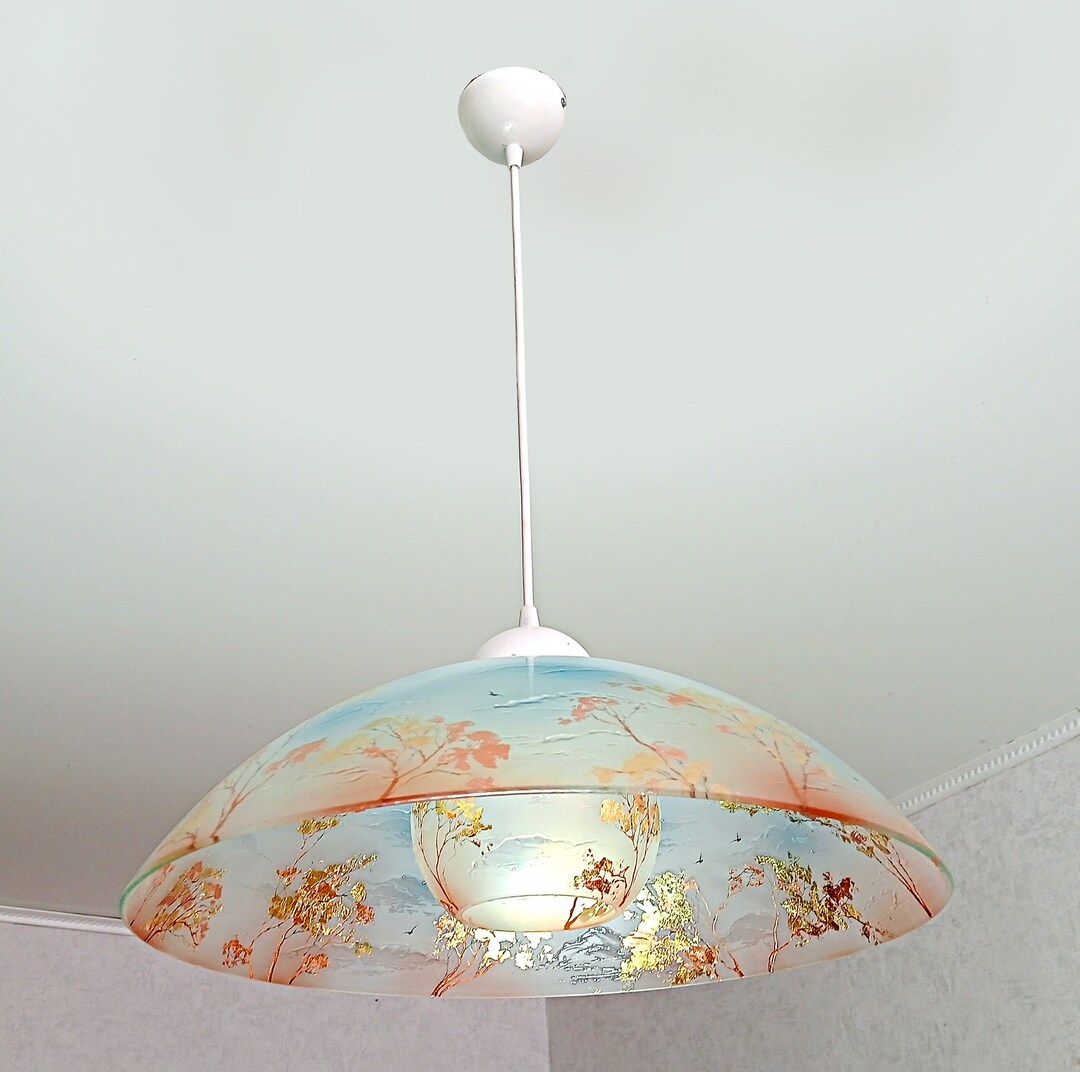 Pendant Light Tropical Style Fixture Stained Glass Hand Painted Beach ...