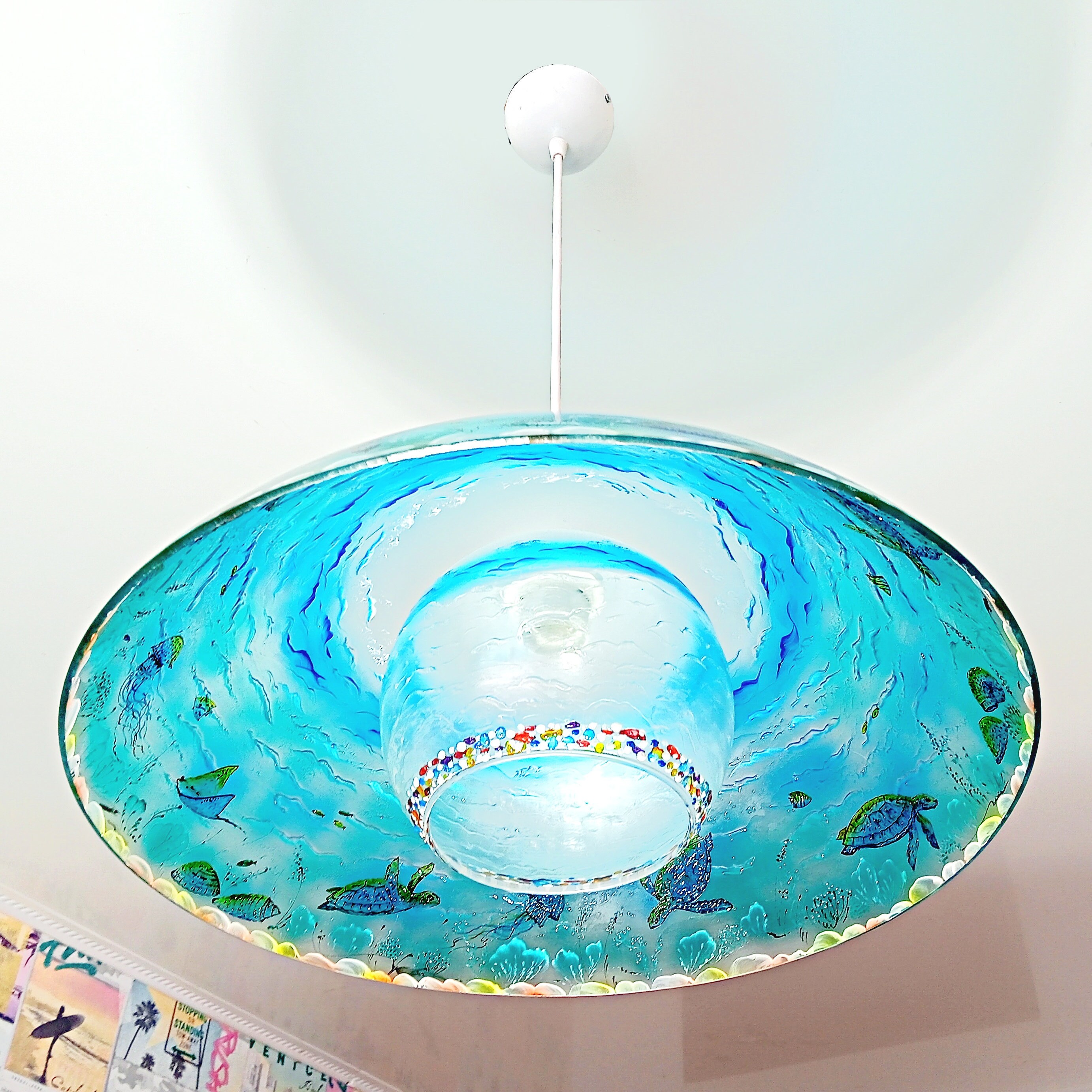 Pendant Light Tropical Style Fixture Stained Glass Hand Painted Beach ...