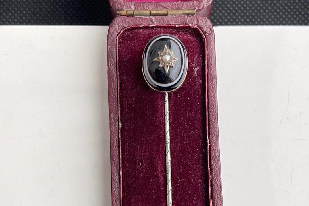 Antique Victorian 10ct Gold Banded Agate & Pearl Mourning Stick Pin. - Etsy