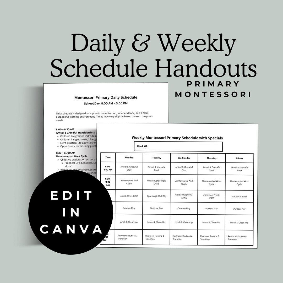 Montessori Primary Daily & Weekly Schedule Template (canva Editable) - Etsy