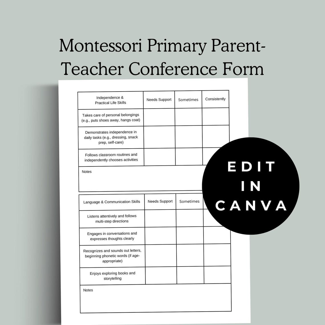 Editable Montessori Primary Parent-teacher Conference Form | Customize ...