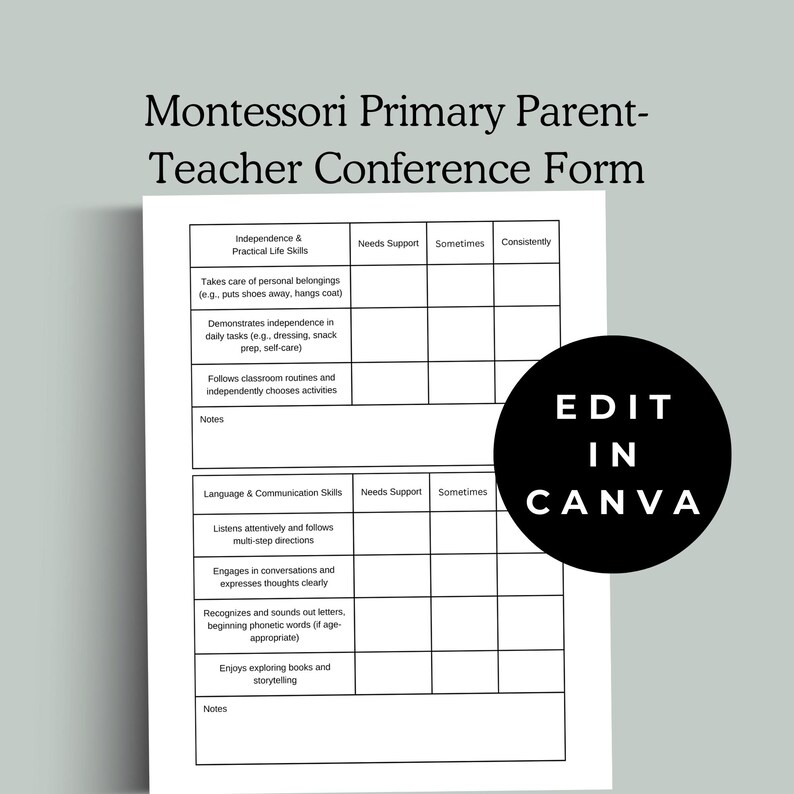 Editable Montessori Primary Parent-teacher Conference Form | Customize ...