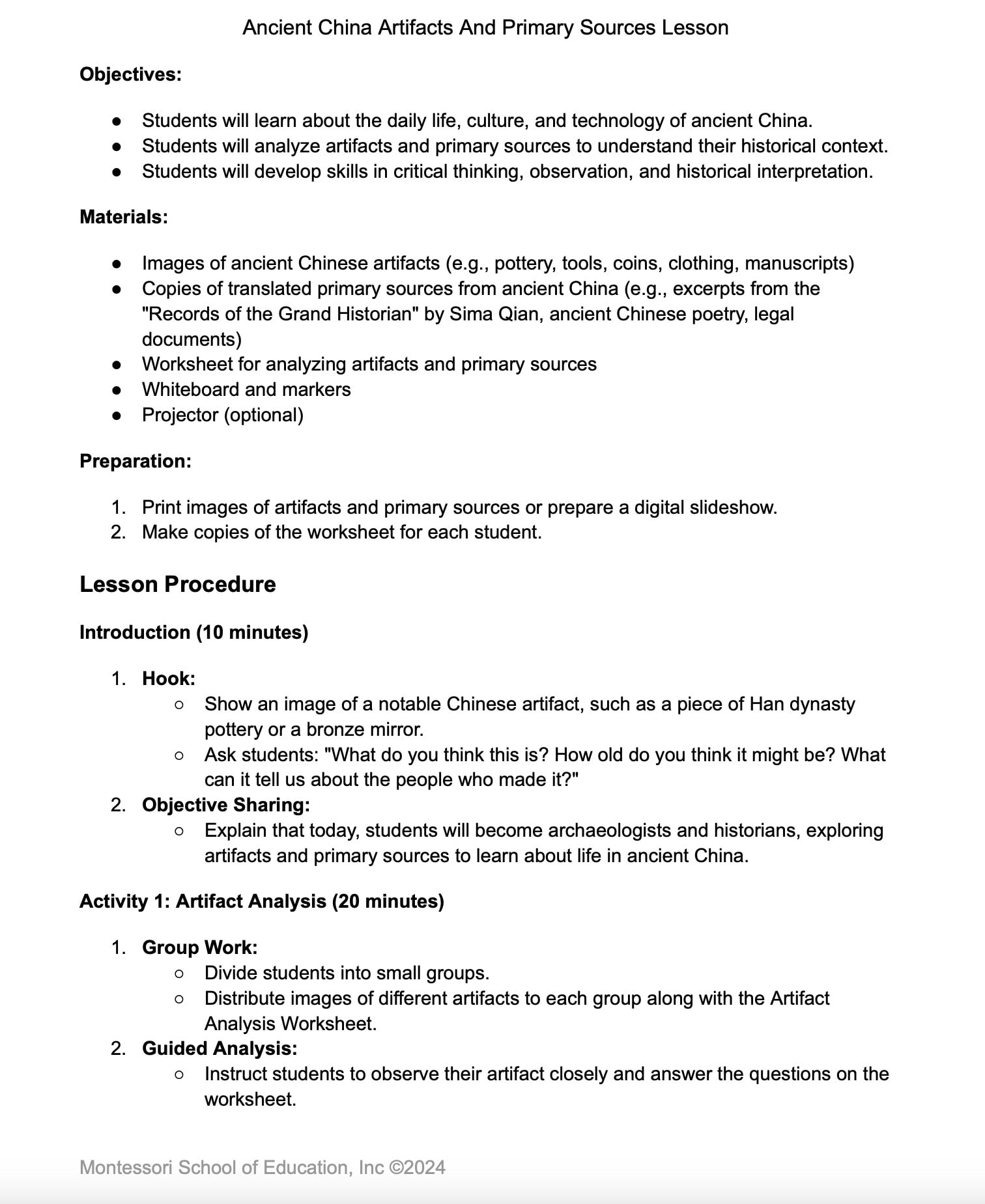 Ancient China Civilization Curriculum for Multi-age Group Lessons ...