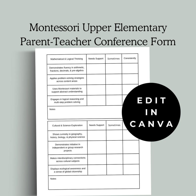 Editable Montessori Upper Elementary Parent-teacher Conference Form ...