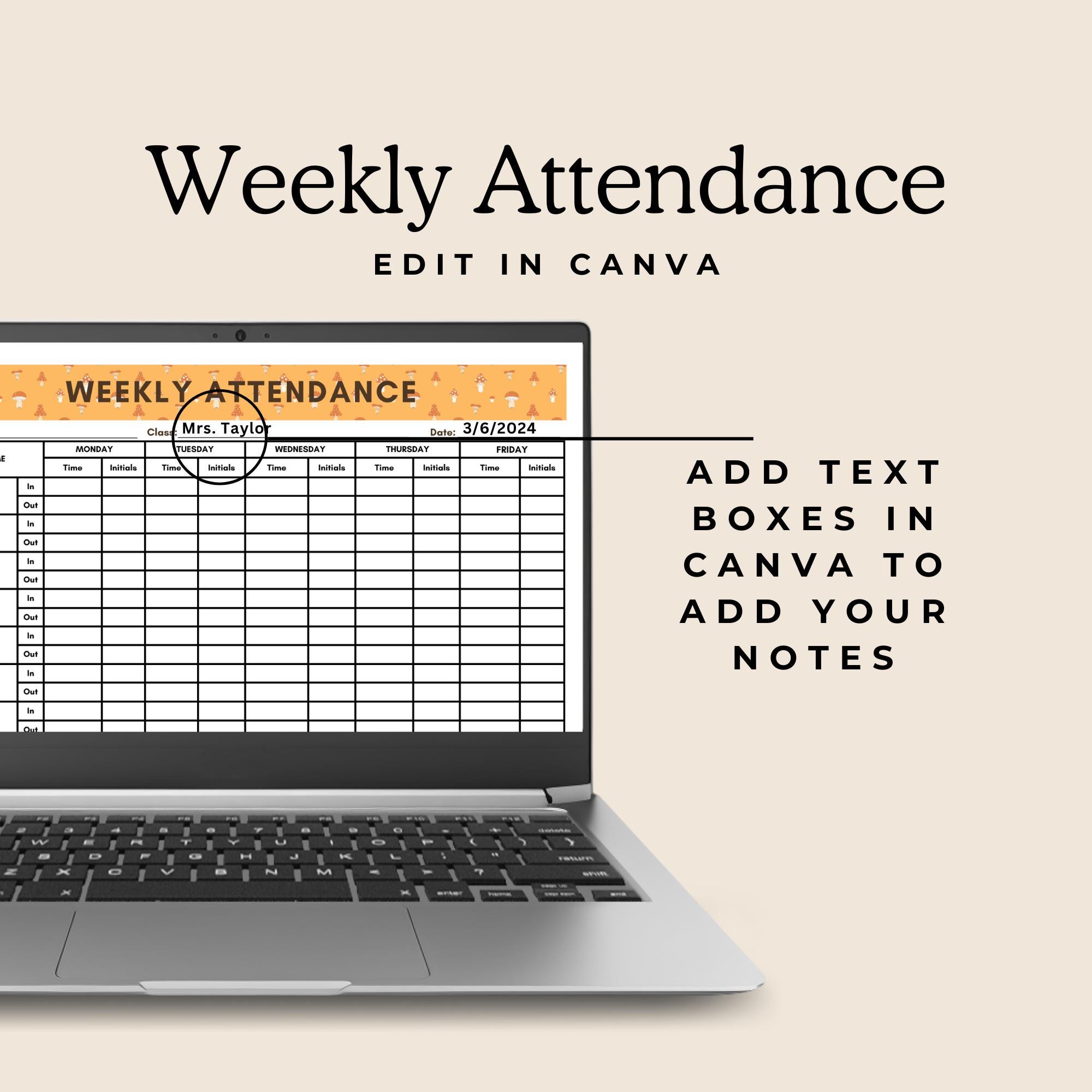 Woodland Mushroom Canva Template Attendance Sheets - Weekly Sign In/out ...