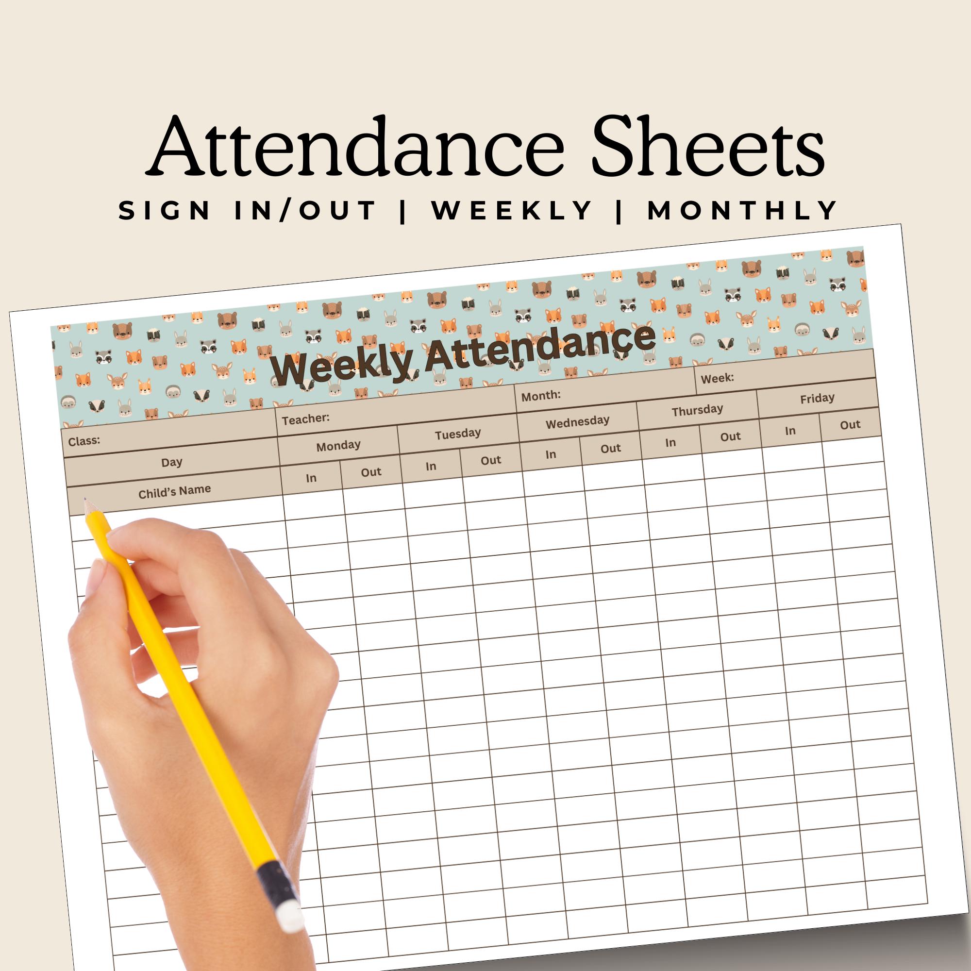 Woodland Animals Attendance Sheets: Weekly, Monthly Sign In/out Logs ...
