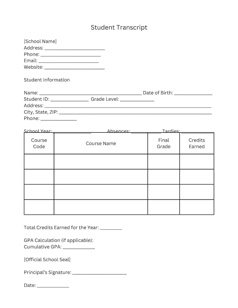 Editable School Transcript Template: Printable Student Record (canva, Digital Download) - Etsy