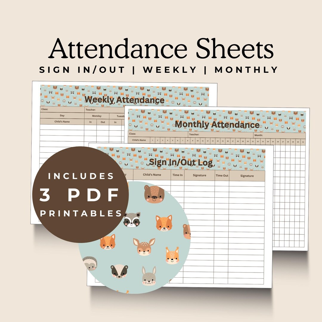 Woodland Animals Attendance Sheets: Weekly, Monthly Sign In/out Logs ...