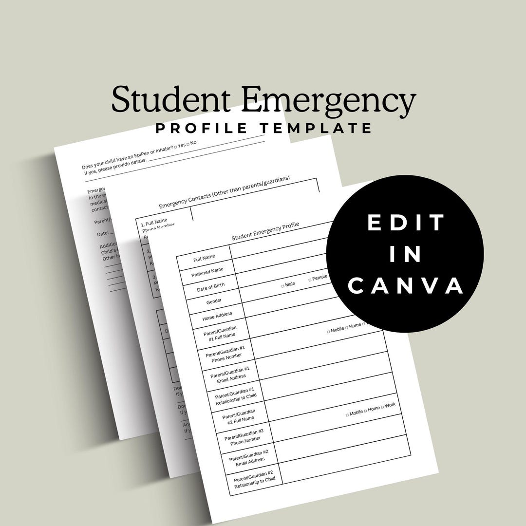 Editable Student Emergency Profile Canva Template | Customizable ...