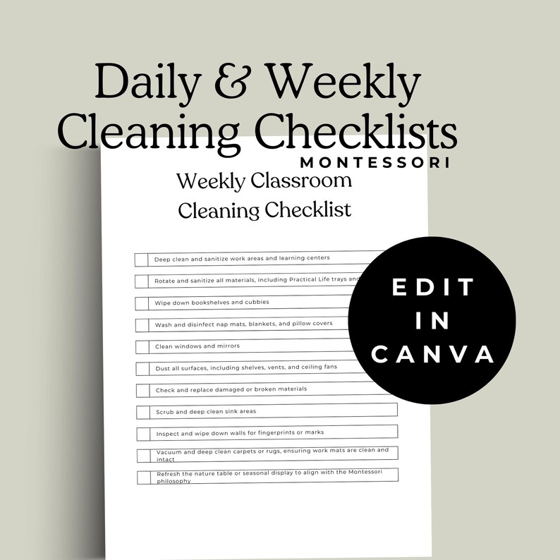 Montessori Classroom Cleaning Checklist: Daily & Weekly Schedule (canva ...