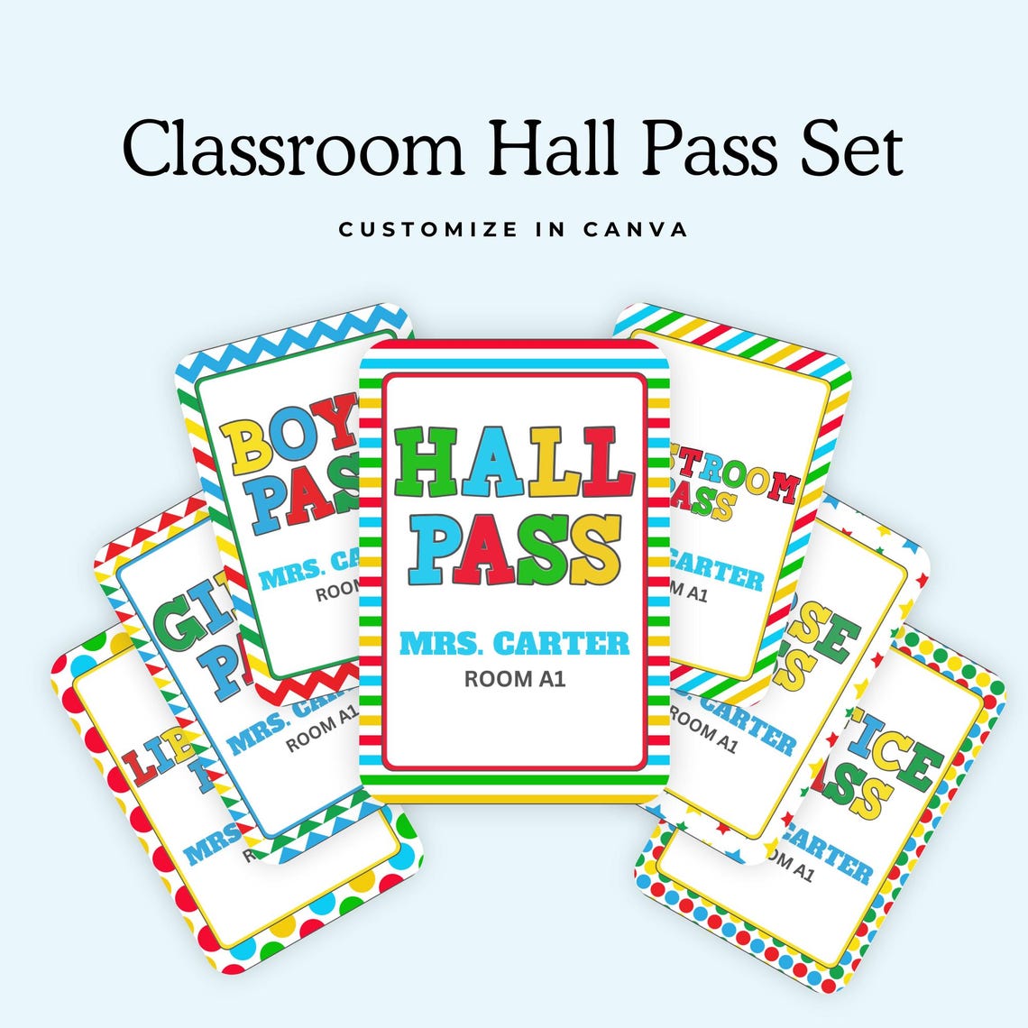 Editable Bright Classroom Hall Pass Set – Bold Primary Colors – Custom ...