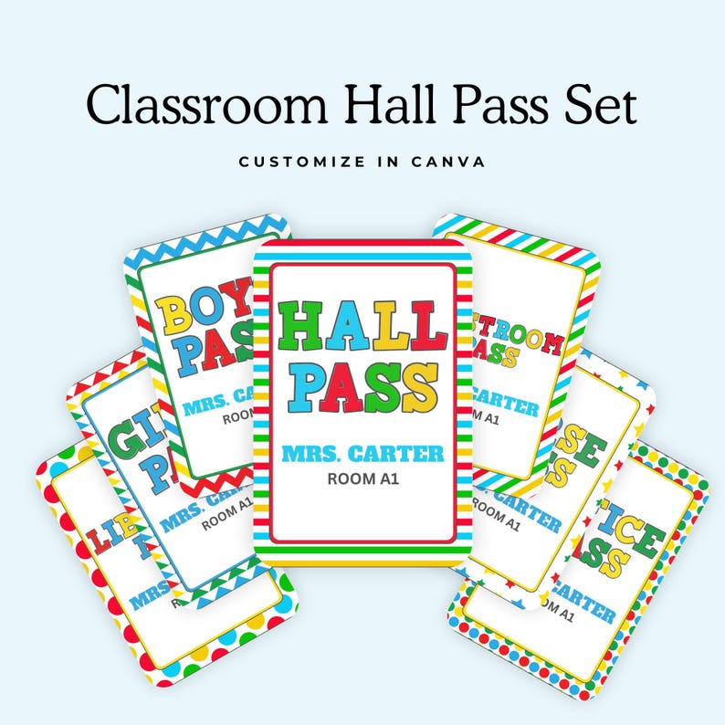 Editable Bright Classroom Hall Pass Set – Bold Primary Colors – Custom ...