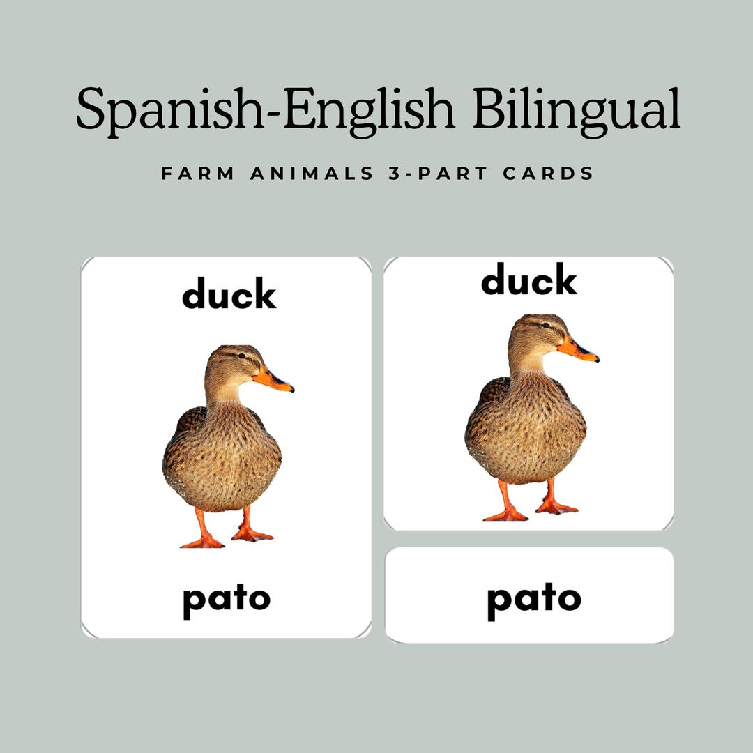 Spanish-english Bilingual Farm Animals 3-part Flashcards | Montessori ...
