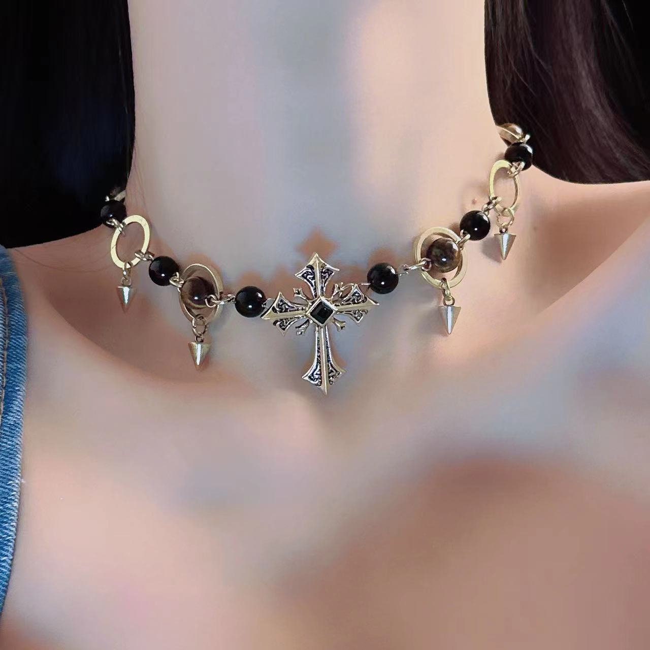 Gothic Rosary Cross Choker Necklace Grunge Cross Necklace Y2k Cross ...