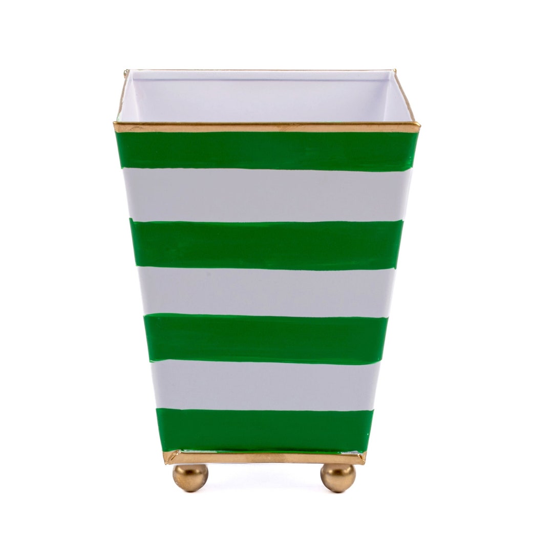 Horizontal Stripe Hand Painted Square Cachepot Planter White and ...