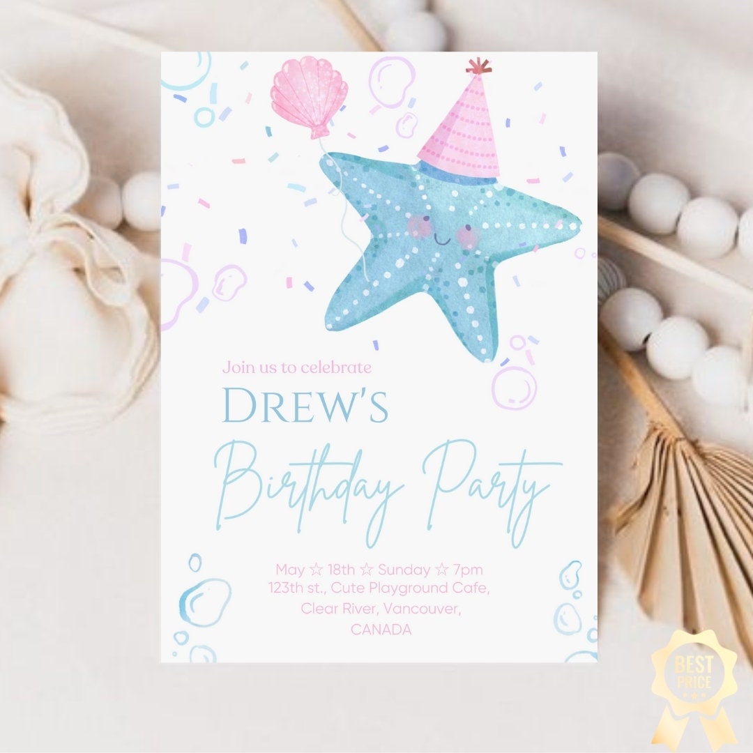 Gender Neutral Kids Birthday Invitation, Under the Sea Starfish and ...