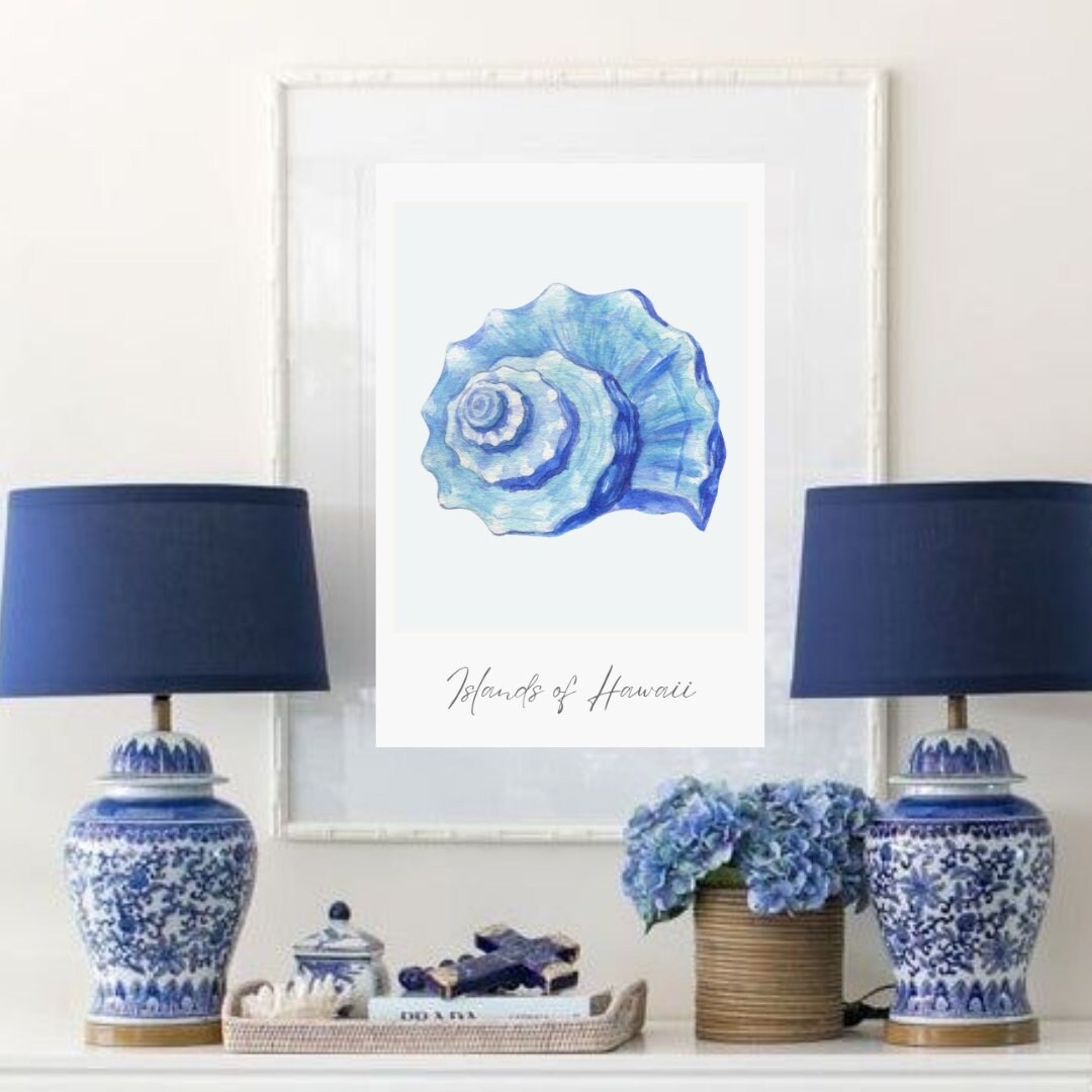 Coastal Printable Nautical Blue Wall Art, Sea Shell, Beach Vibe, Summer ...