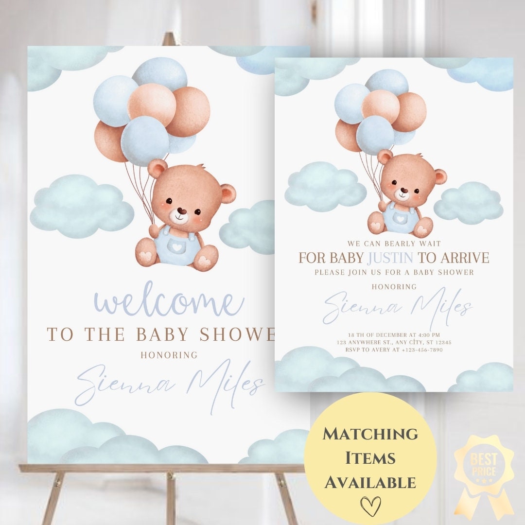 Editable Teddy Bear Baby Shower Welcome Sign, Blue Balloon, 24x36 ...