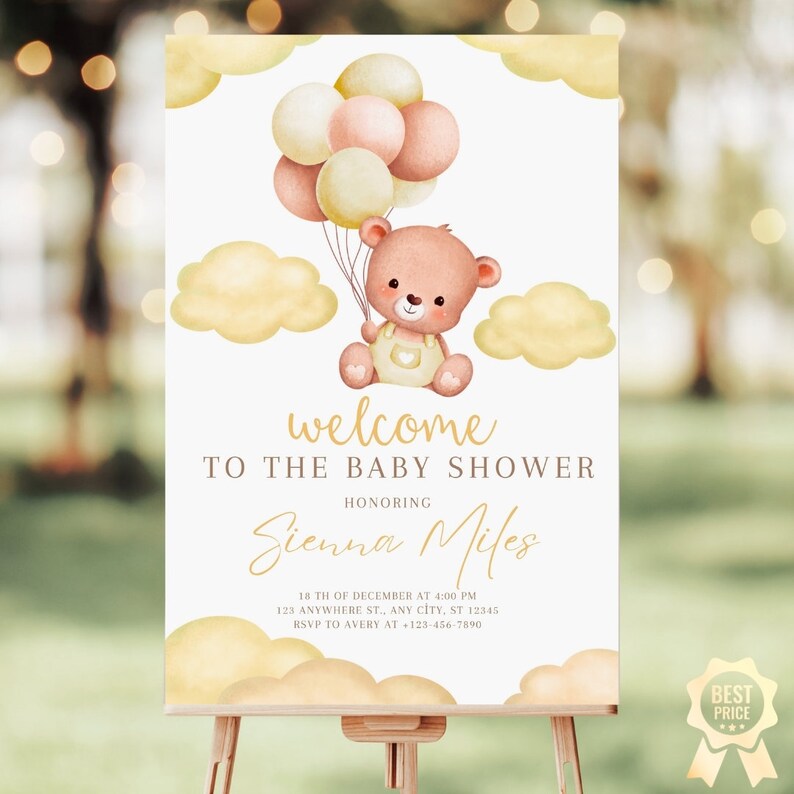 Editable Teddy Bear Baby Shower Welcome Sign, Yellow Balloon, 24x36 ...