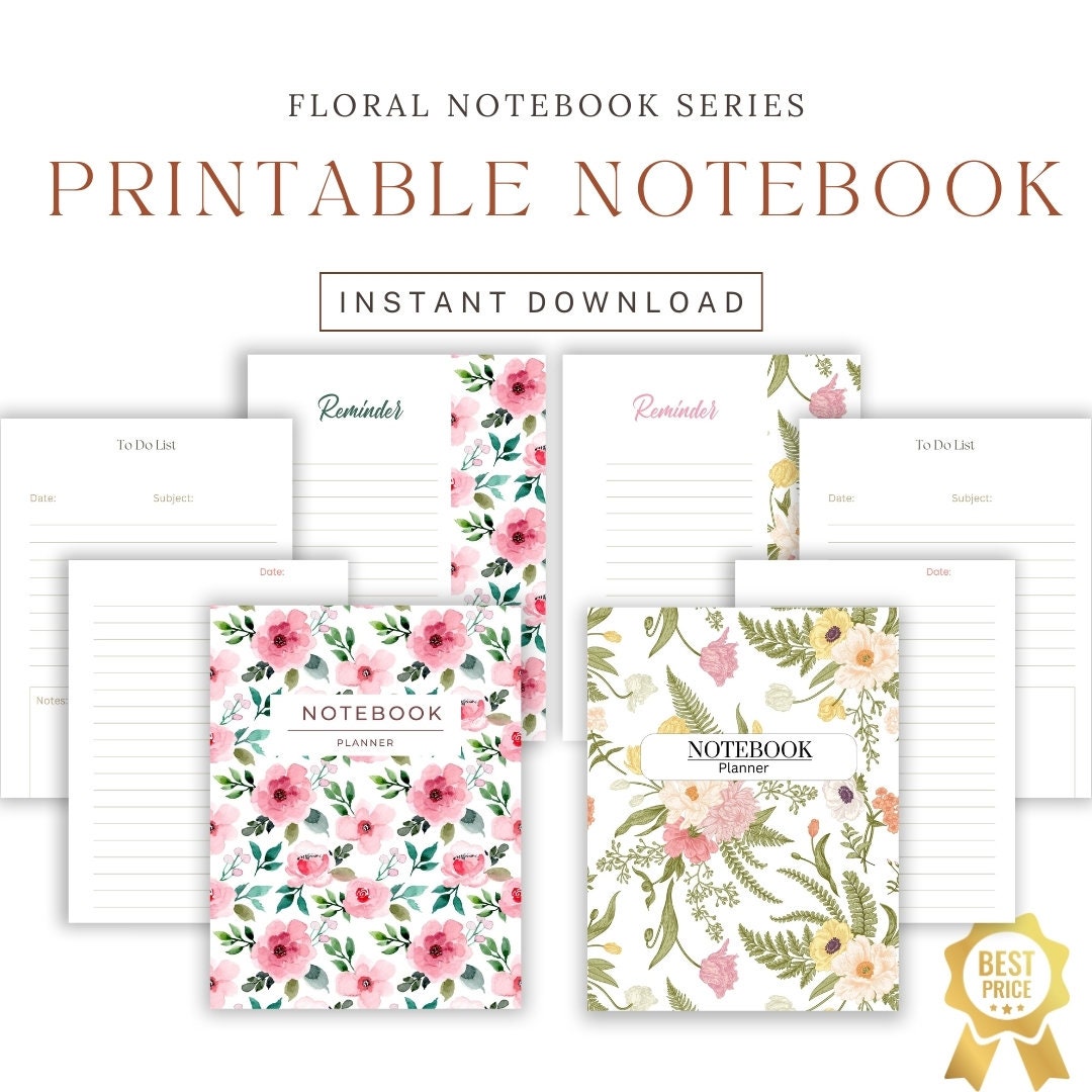 Floral Printable Notebook, Printable Notebook Bundle, Calender, Planner ...