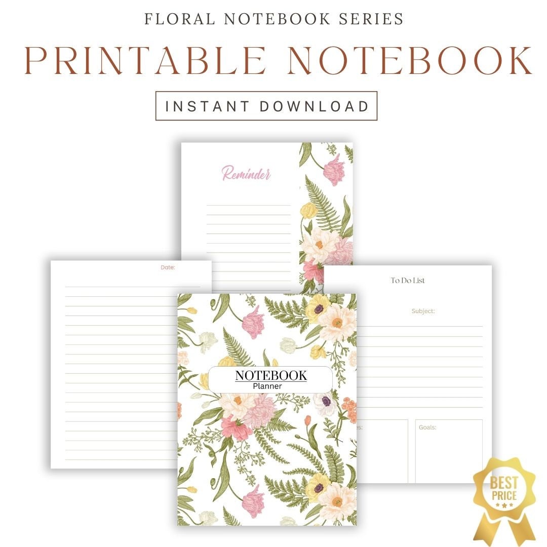 Floral Printable Notebook, Printable Notebook Bundle, Pink Flowers ...