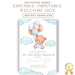 Editable Teddy Bear Baby Shower Welcome Sign, Blue Balloon, 24x36 ...