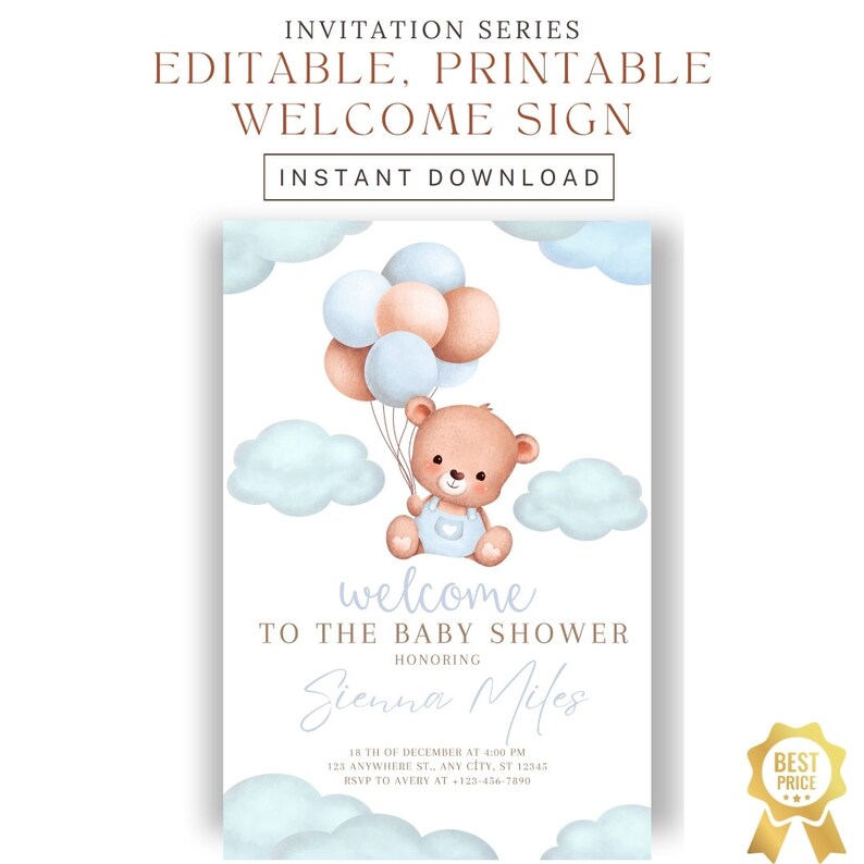 Editable Teddy Bear Baby Shower Welcome Sign, Blue Balloon, 24x36 ...