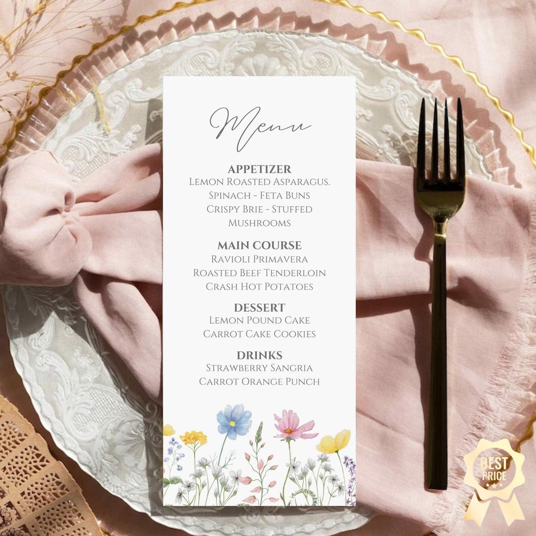 Boho Wildflowers Themed Menu Template for Weddings, Engagements ...