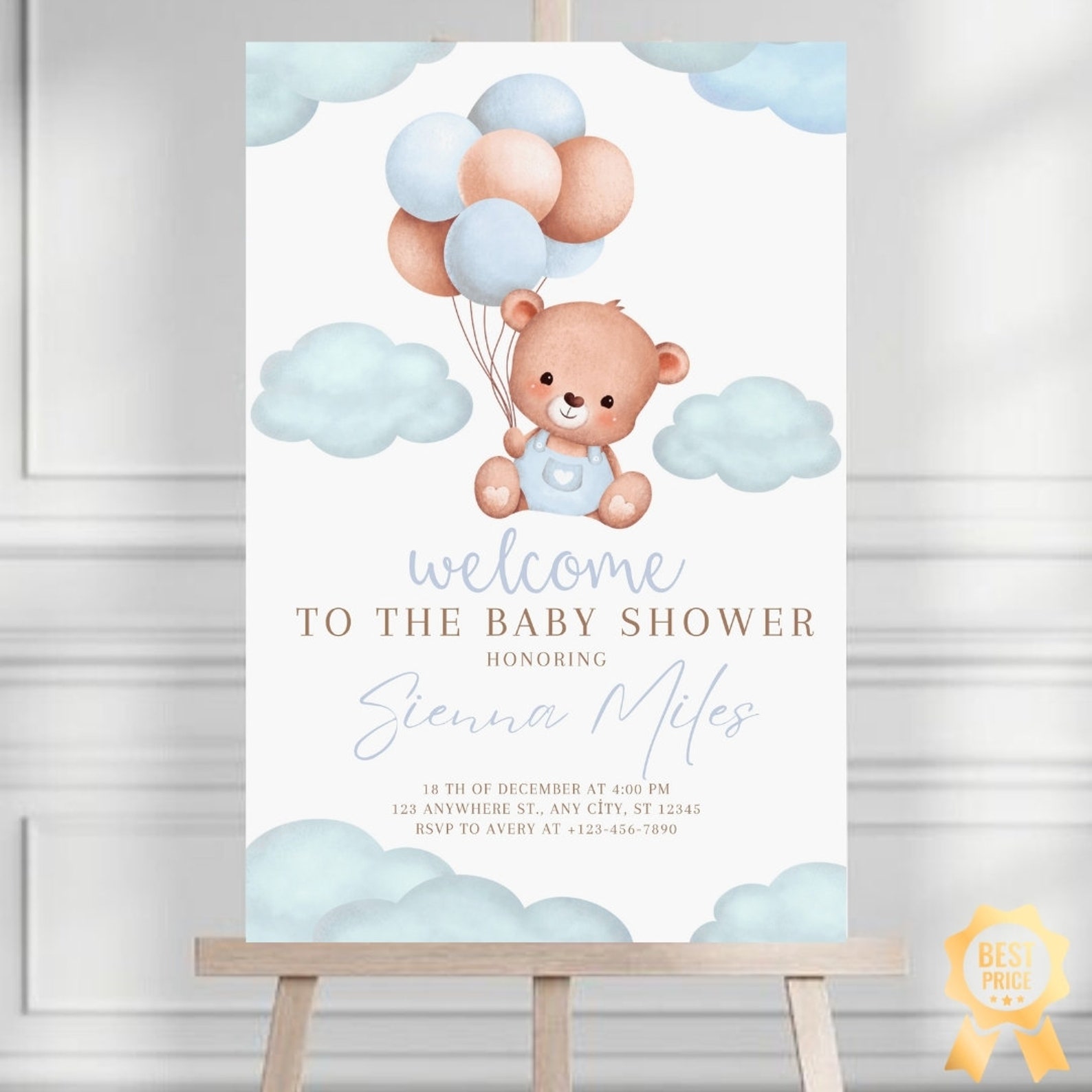 Editable Teddy Bear Baby Shower Welcome Sign, Blue Balloon, 24x36 ...