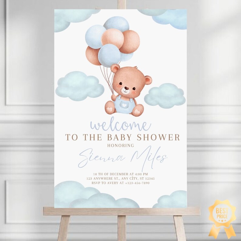 Editable Teddy Bear Baby Shower Welcome Sign, Blue Balloon, 24x36 ...