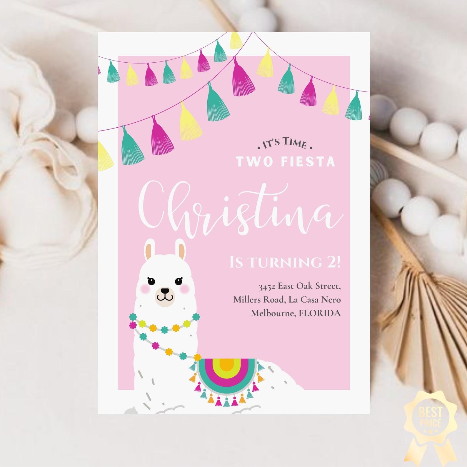 Llama Themed Pink Time Two Fiesta Birthday Party Invitation ...