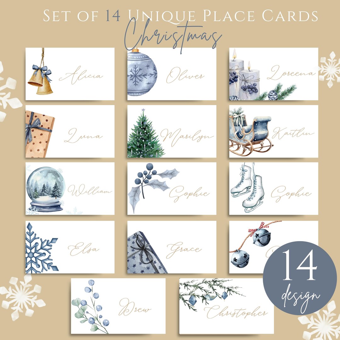 Set of 14 Blue Christmas Place Cards Personalized Holiday Name Cards ...