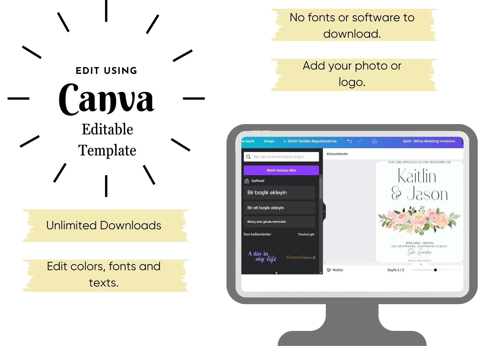 Editable, Printable Wedding Invitation Template, Floral, Wildflowers ...