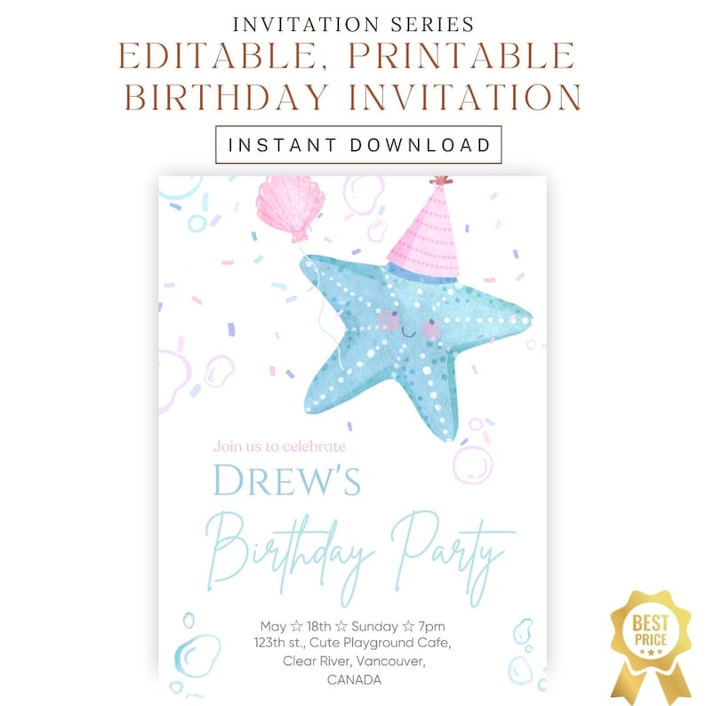 Gender Neutral Kids Birthday Invitation, Under the Sea Starfish and ...