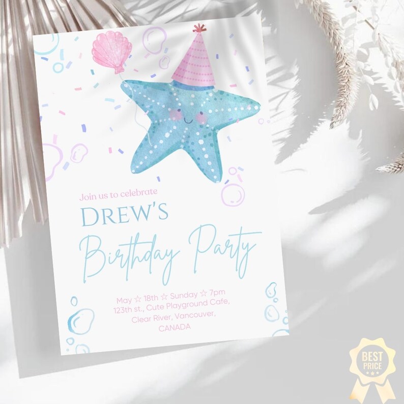 Gender Neutral Kids Birthday Invitation, Under the Sea Starfish and ...