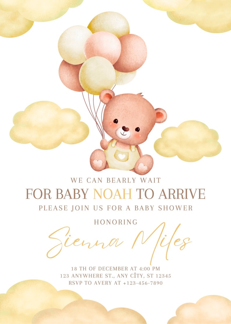 Cute Yellow Gender Neutral Teddy Bear Balloons Clouds Editable ...